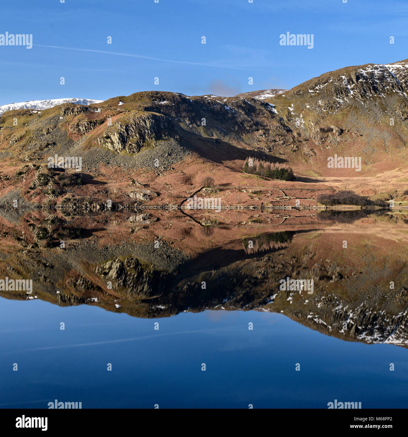 Symmetrical, mirror-like reflections on Haweswater Stock Photo - Alamy