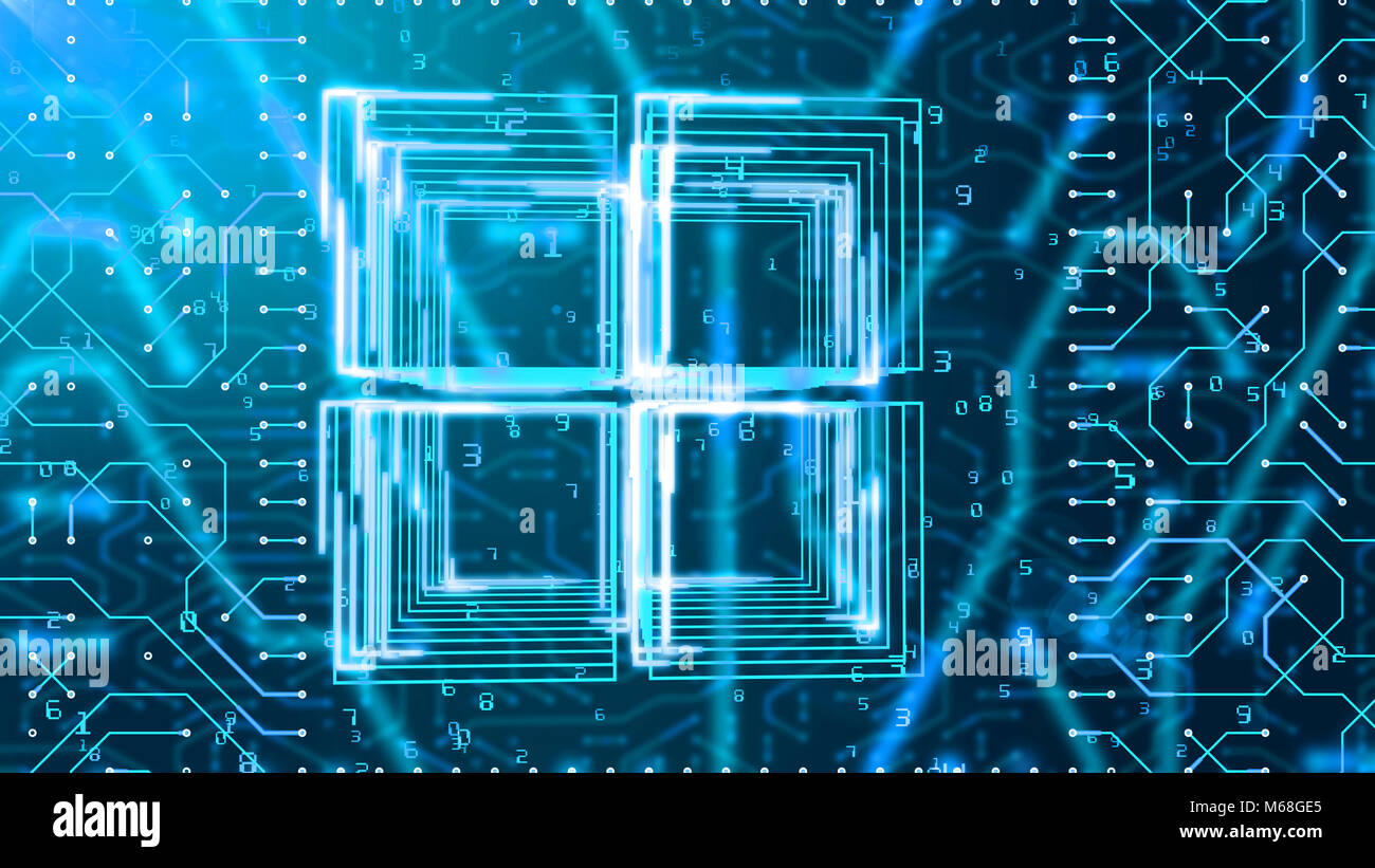 A neo-geo 3d illustration of a circuit board looking like four squares ...