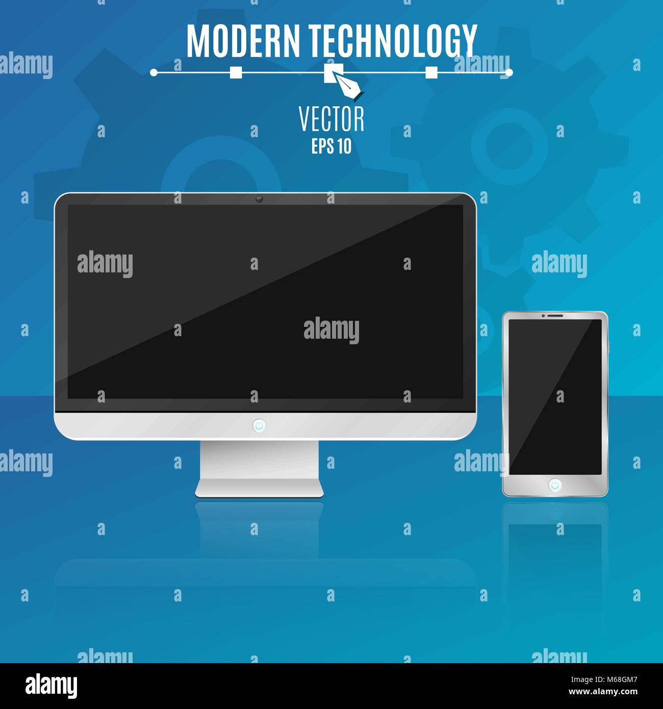 Modern computer and phone on a blue background. Empty, black screen of ...