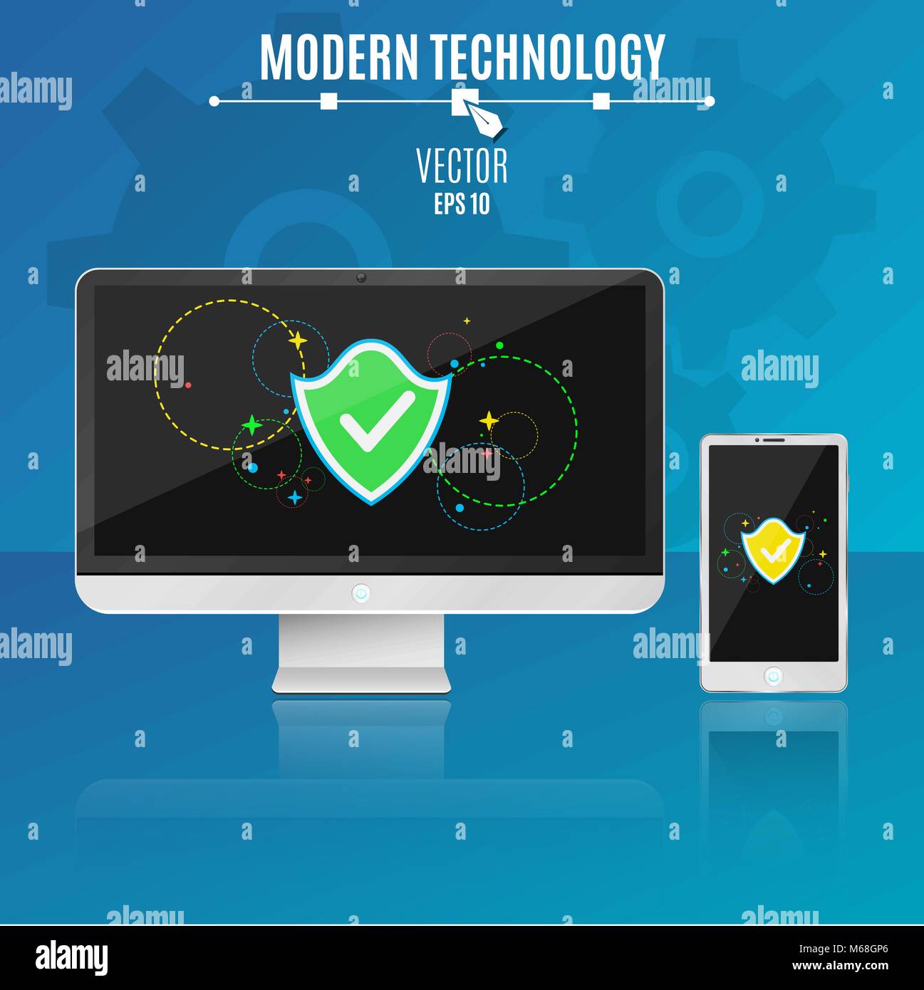Modern computer and phone on a blue background. System security. Shield ...