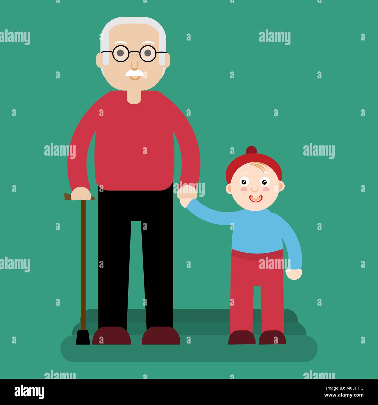 Grandfather and grandson stand on a green background Stock Vector Image ...