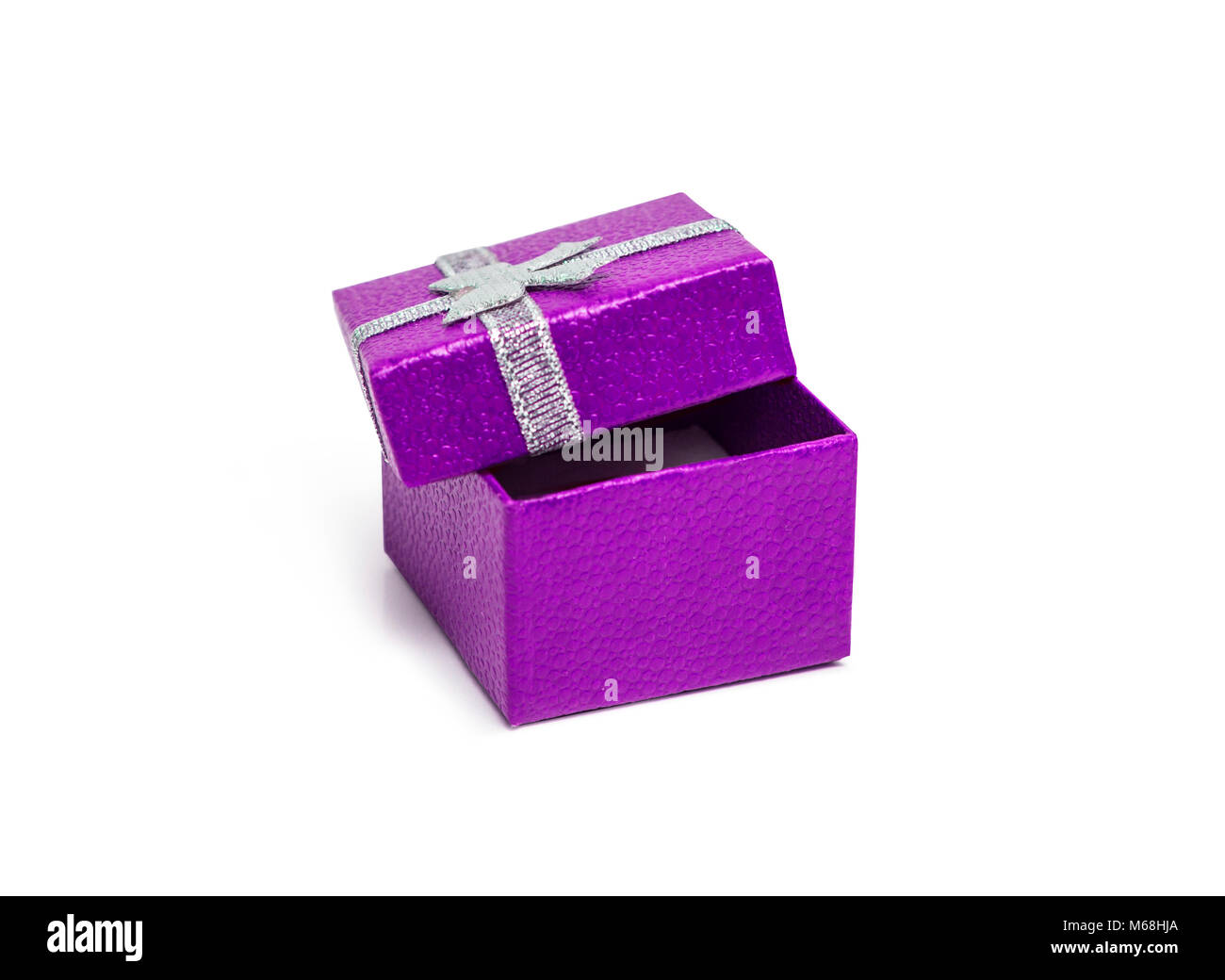Open Violet gift box with silver ribbon isolated on white background ...