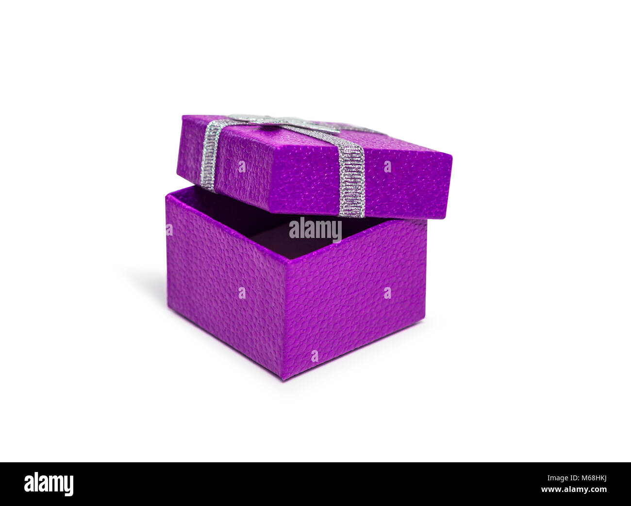 Open Violet gift box with silver ribbon isolated on white background ...