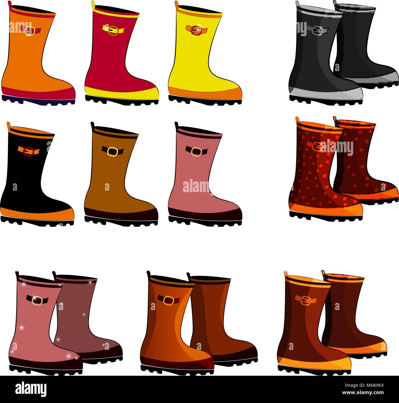 rubber boots of different colors with a buckle on a white background ...