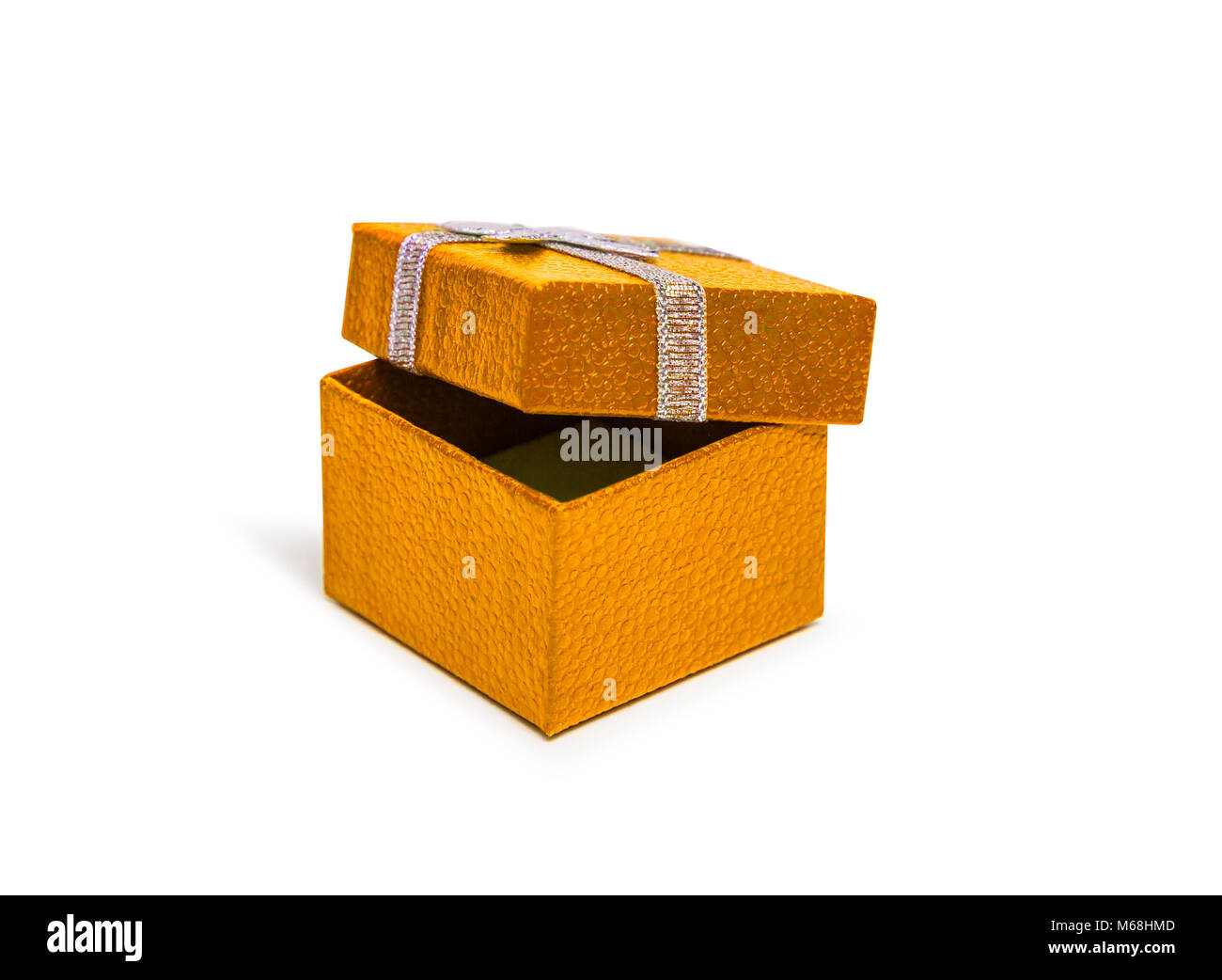 Open Orange gift box with silver ribbon isolated on white background ...