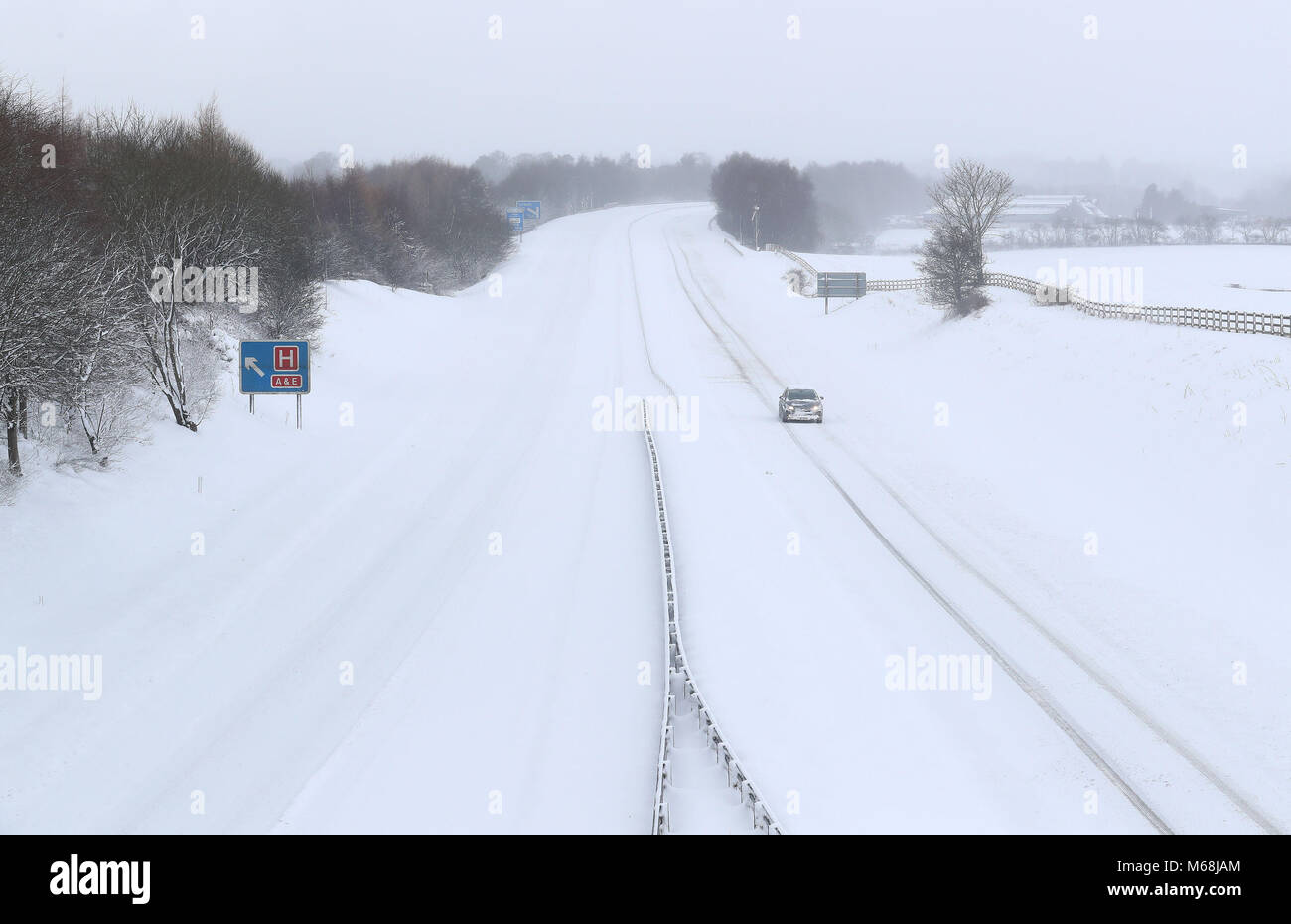 A car on the M876 in snowy conditions, near Falkirk, as storm Emma ...