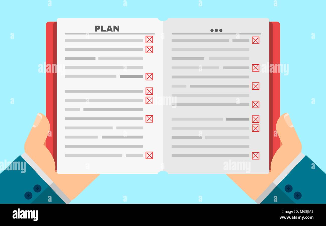 Business man holds a filled diary in hands. Business plan. Red negative ...