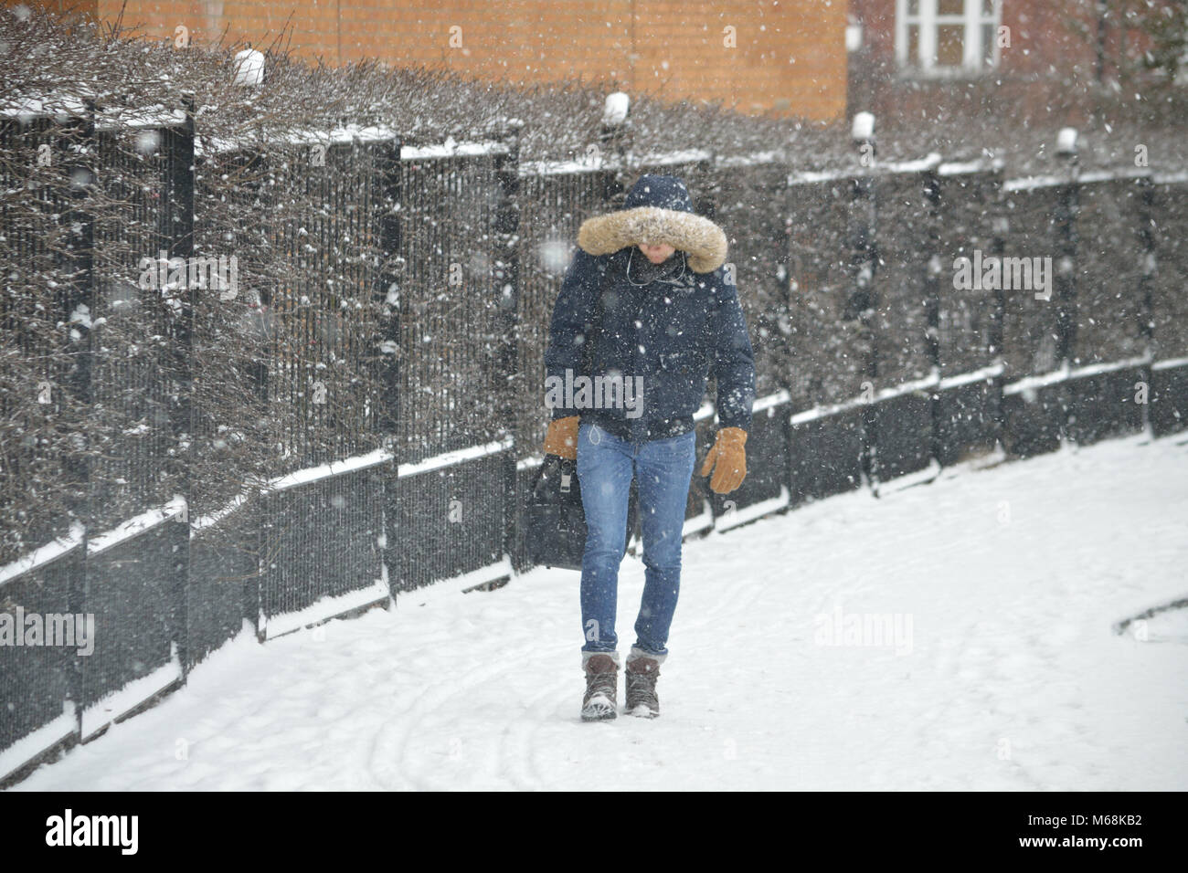 Person walking along a footpath in East London during heavy snow that ...