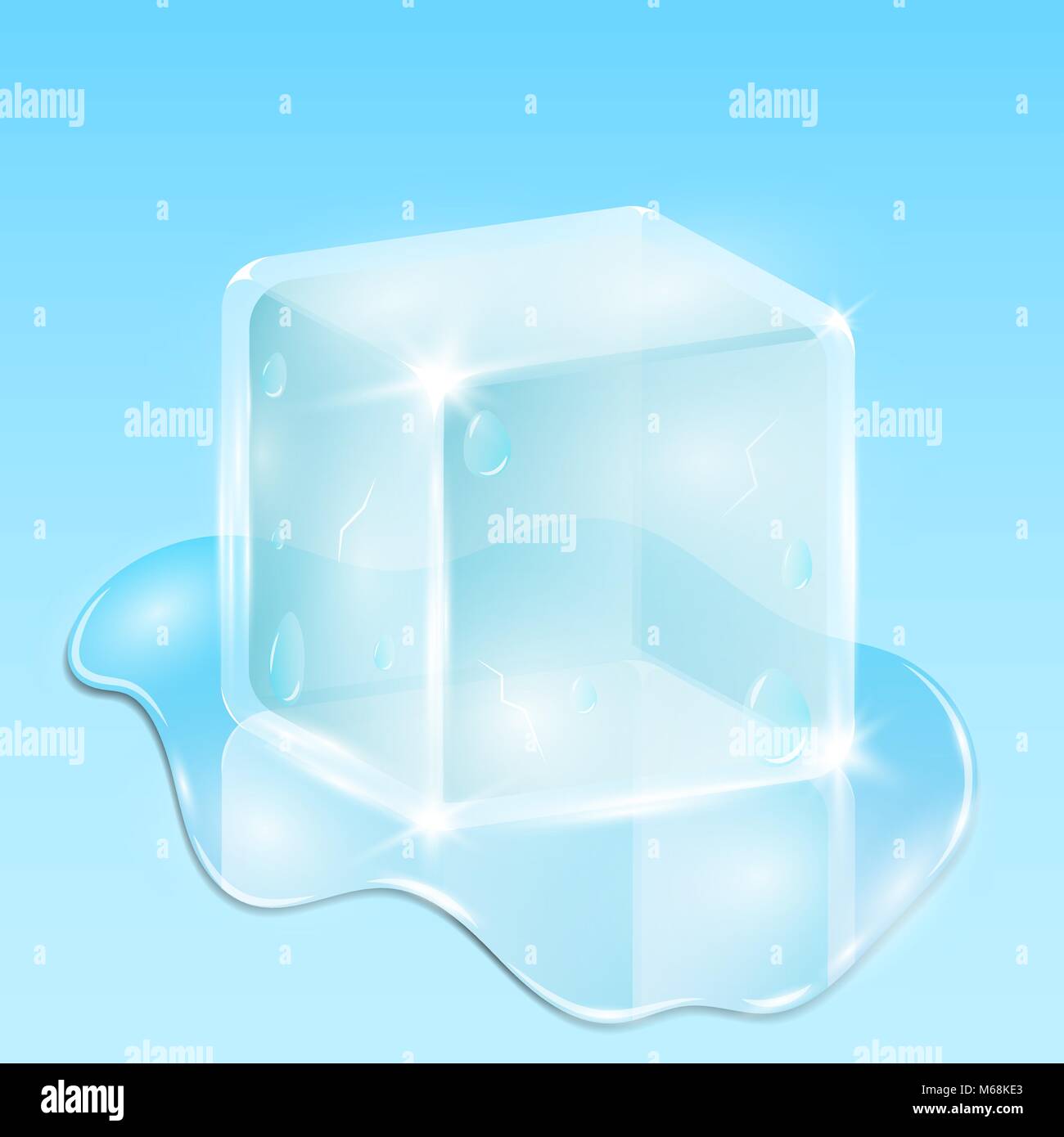 Melting ice cube on a light blue background. A drop of water is flowing ...