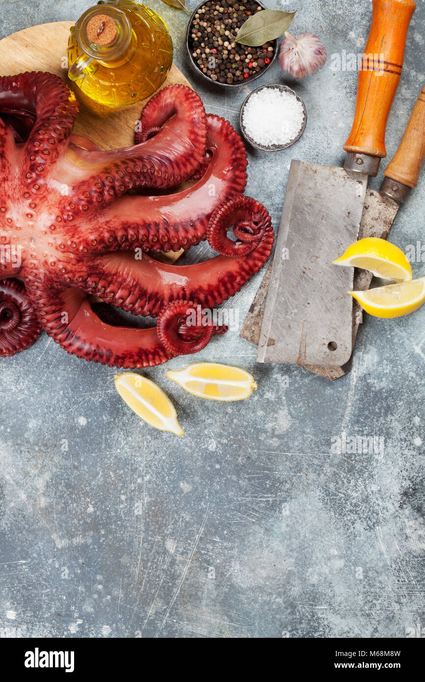 Raw octopus cooking with spices on stone table. Seafood. Top view with ...