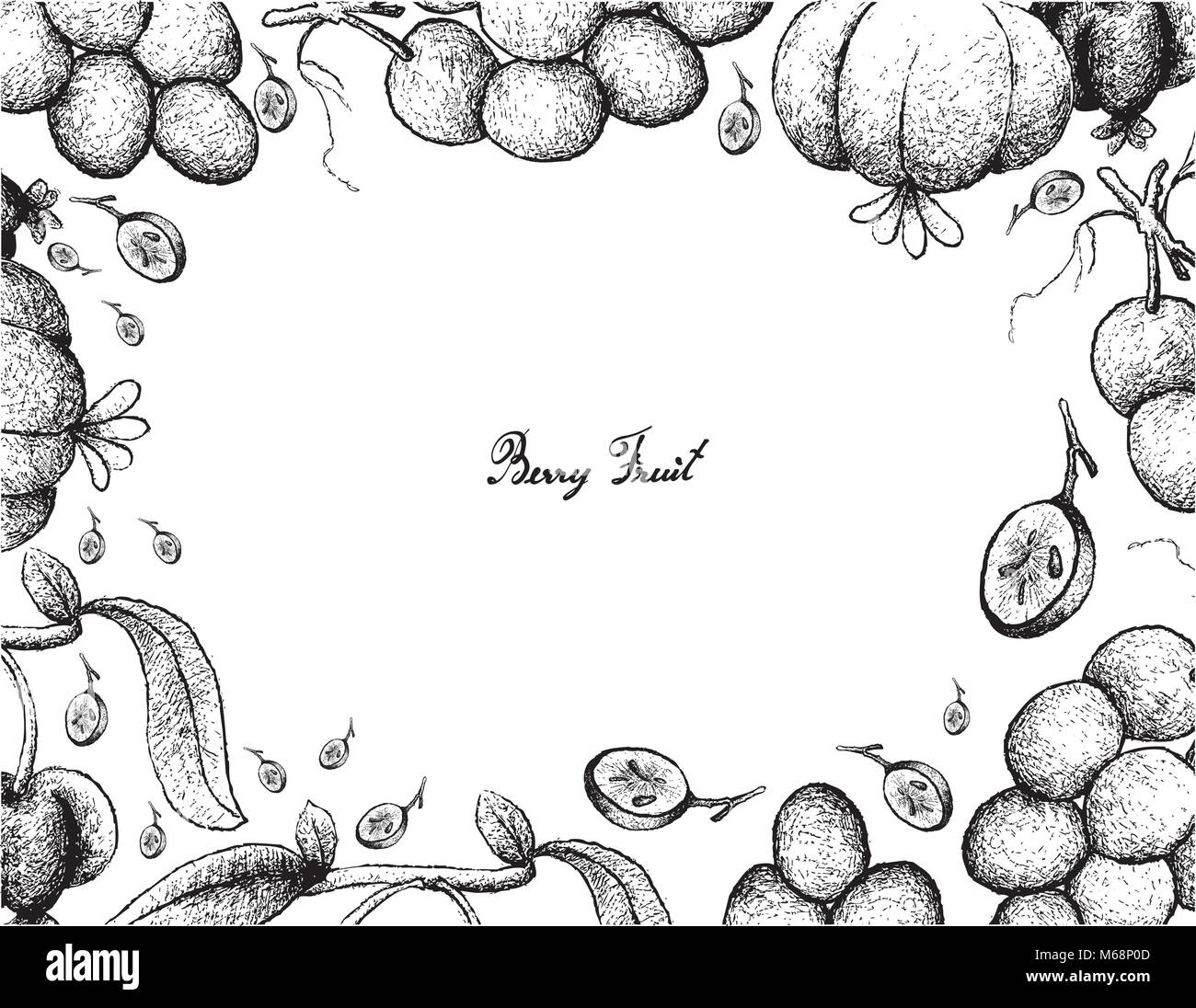 Berry Fruits, Illustration Frame of Hand Drawn Sketch Bunch of Fresh ...