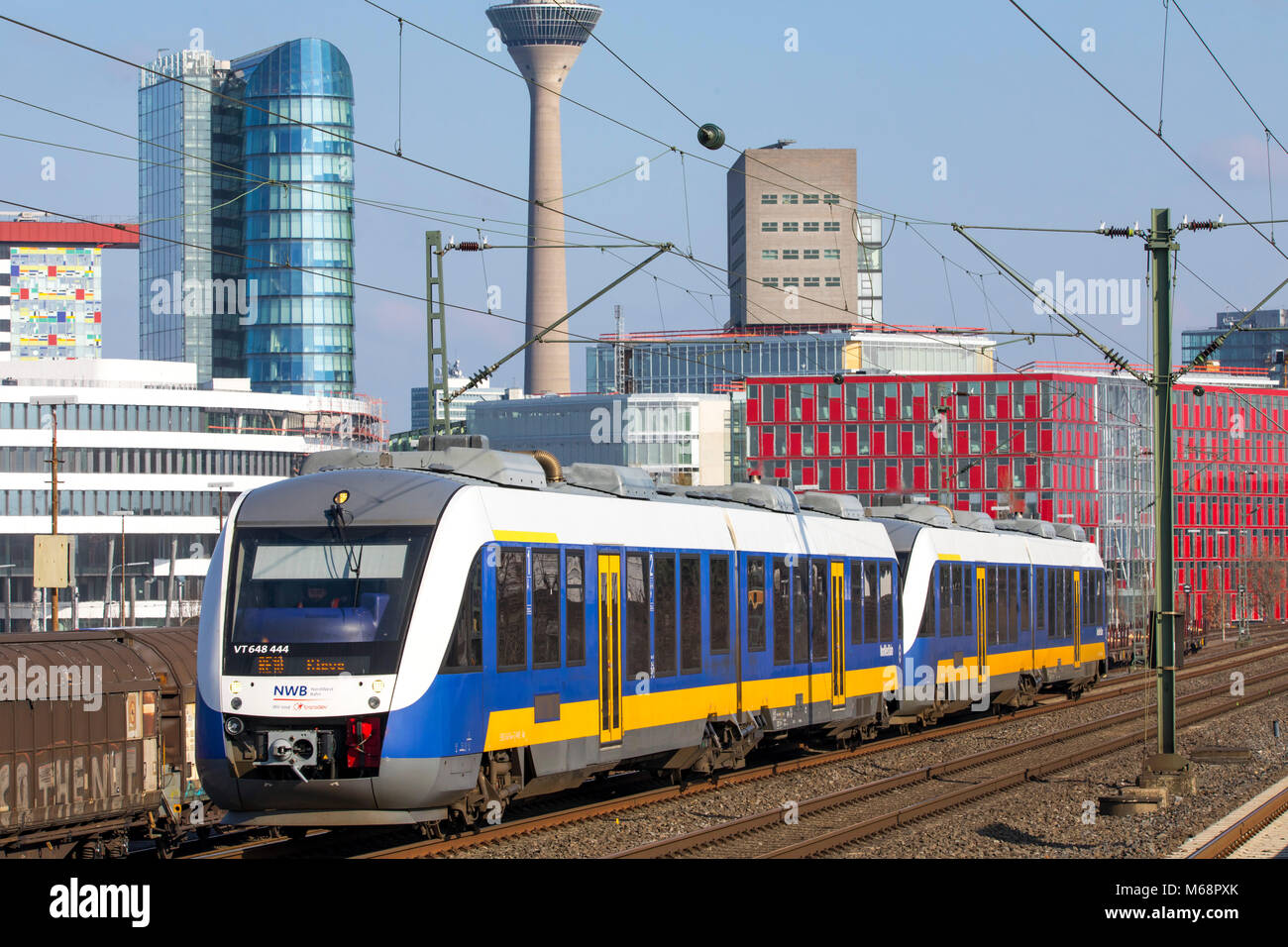 S-Bahn, Local train station, Dusseldorf-Hamm stop, the skyline of ...