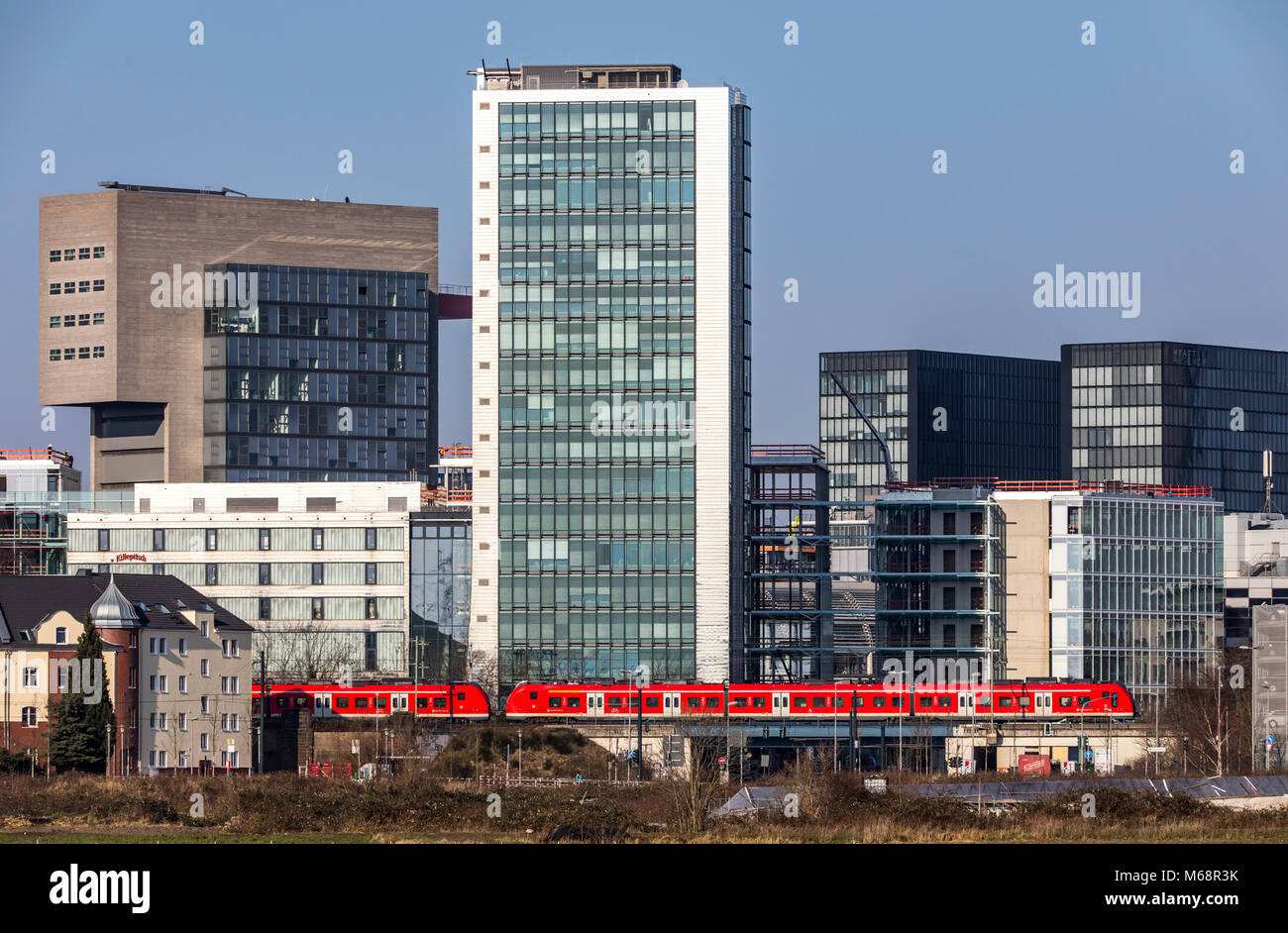 S-Bahn, Local train station, Dusseldorf-Hamm stop, the skyline of ...