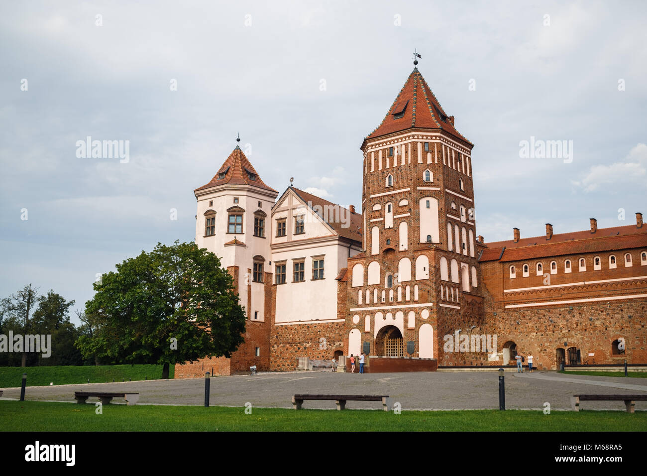 Mir, Belarus - August 04, 2016: Towers and fortress wall of ancient ...