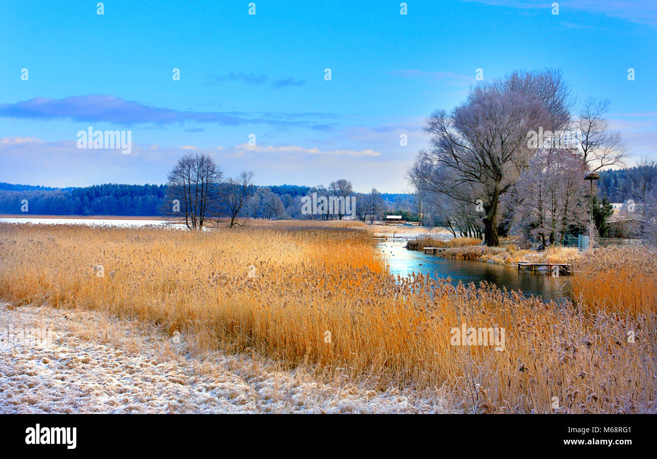 Winter landscape of woods and river covered with ice and snow in ...