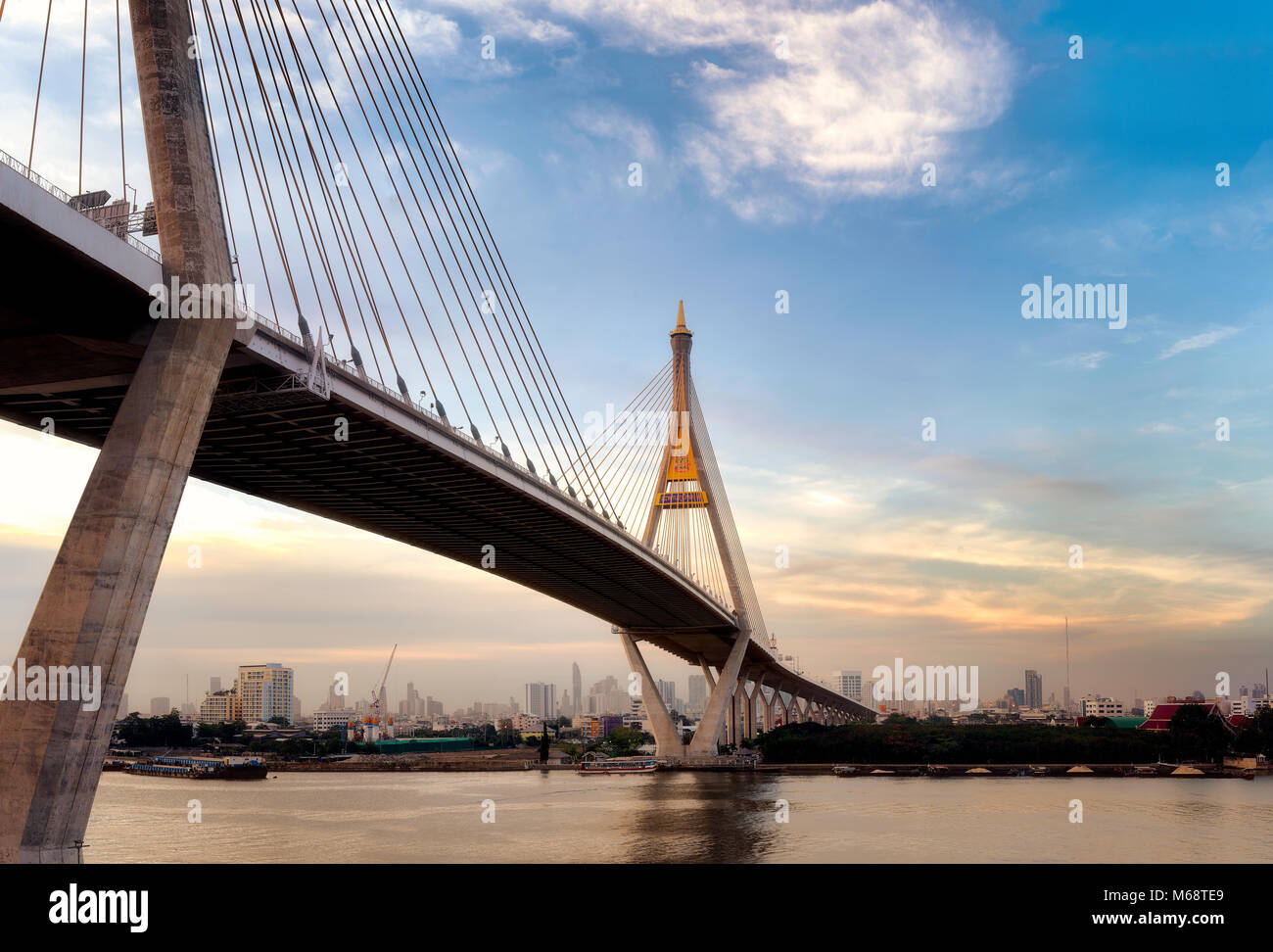 The big rope bridge name Bhumibol Bridge that cross big river to city ...