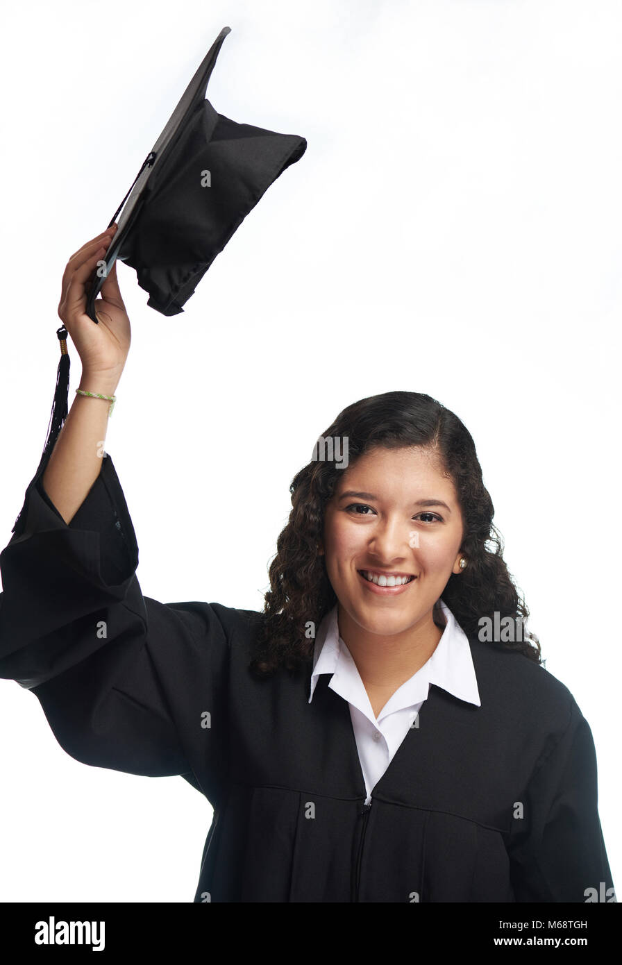 Graduate girl isolated. Smiling happy hispanic student girl Stock Photo ...