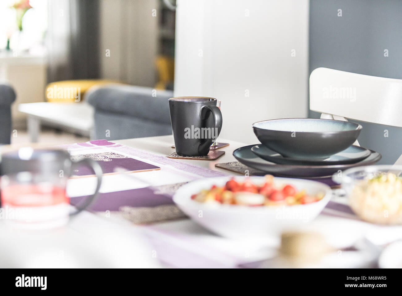 Bright Breakfast Table - Healthy Fruit Salad, Orange Juice, Jam, Egg ...