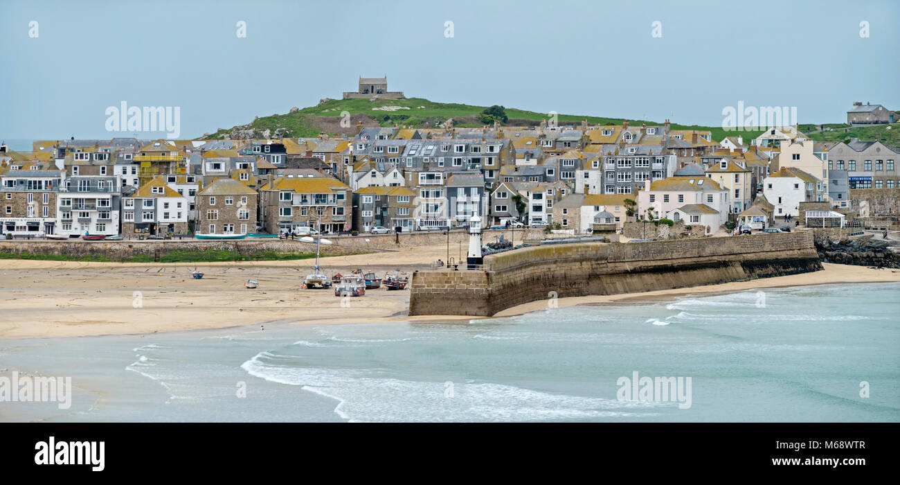 Closeup panoramic image of St. Ives town harbourside buildings and ...