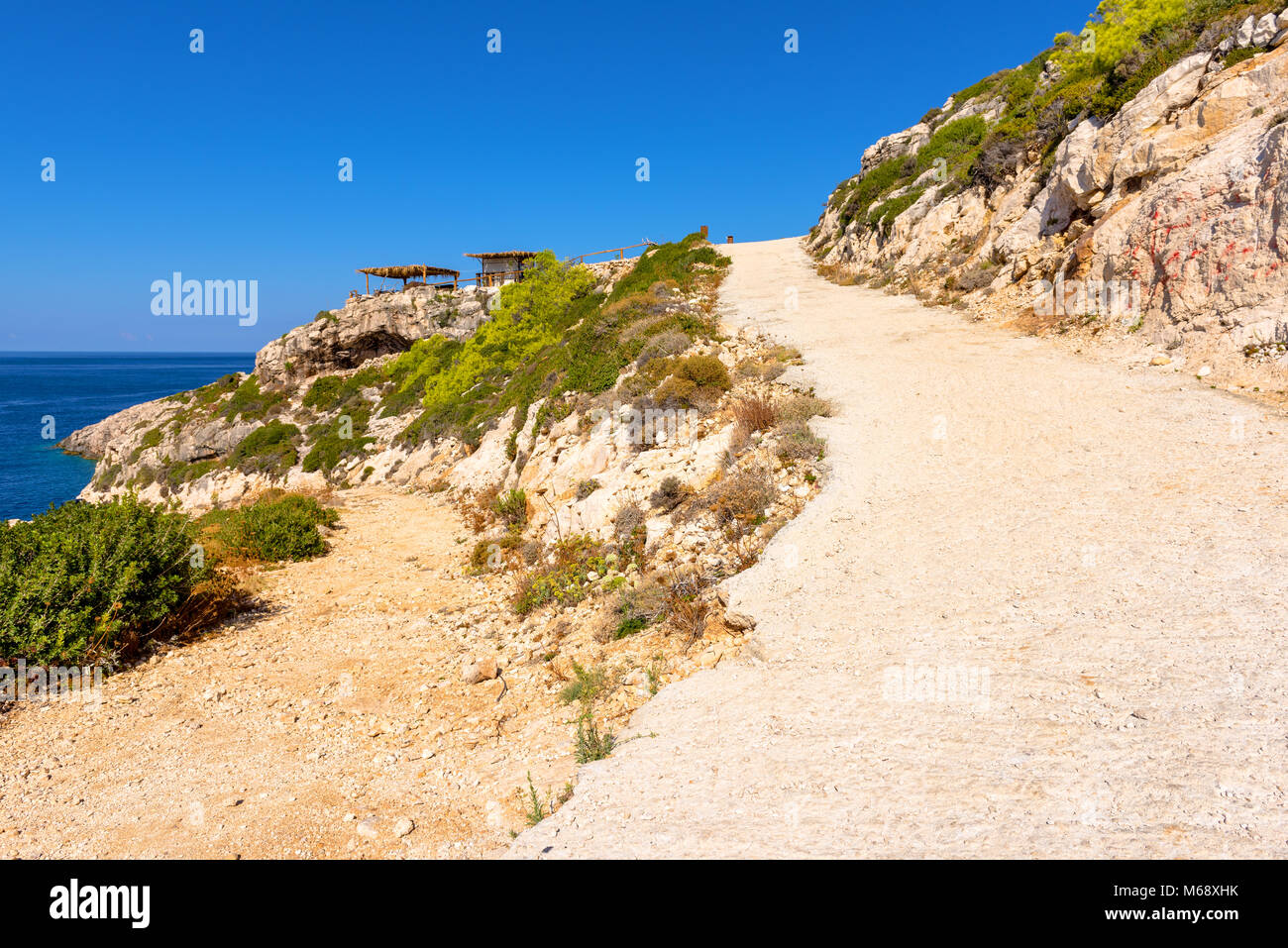 Mountain road and blue sky. Western side of Zakynthos island. Zante ...