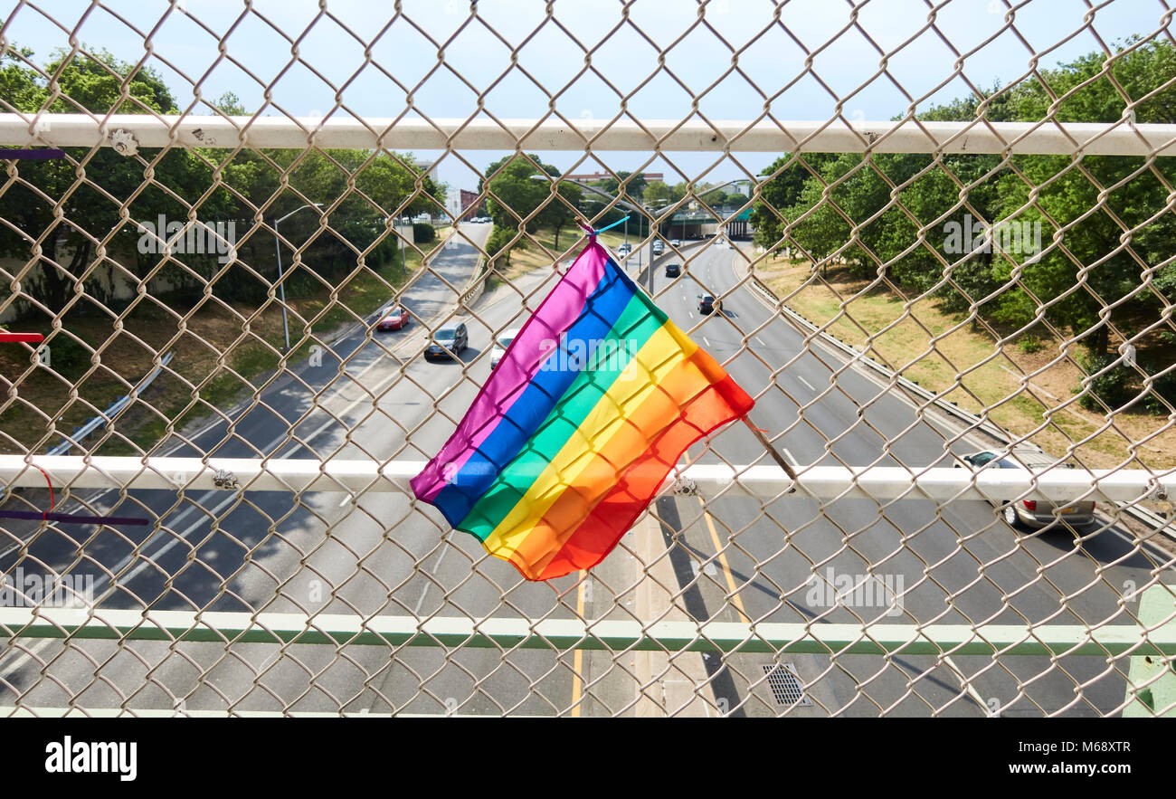 Rainbow flag on a pedestrian bridge over Prospect Park expressway in ...