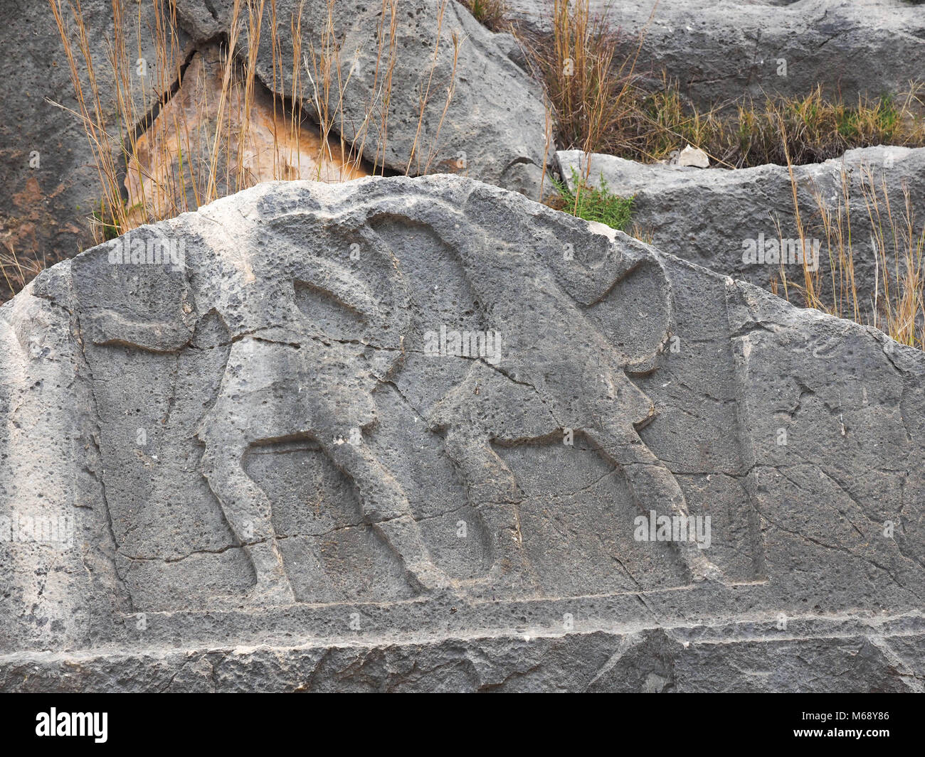 FIGURES CARVED INTO DAMAGED STONE BLOCK AT ANCIENT CITY OF MYRA, NOW ...