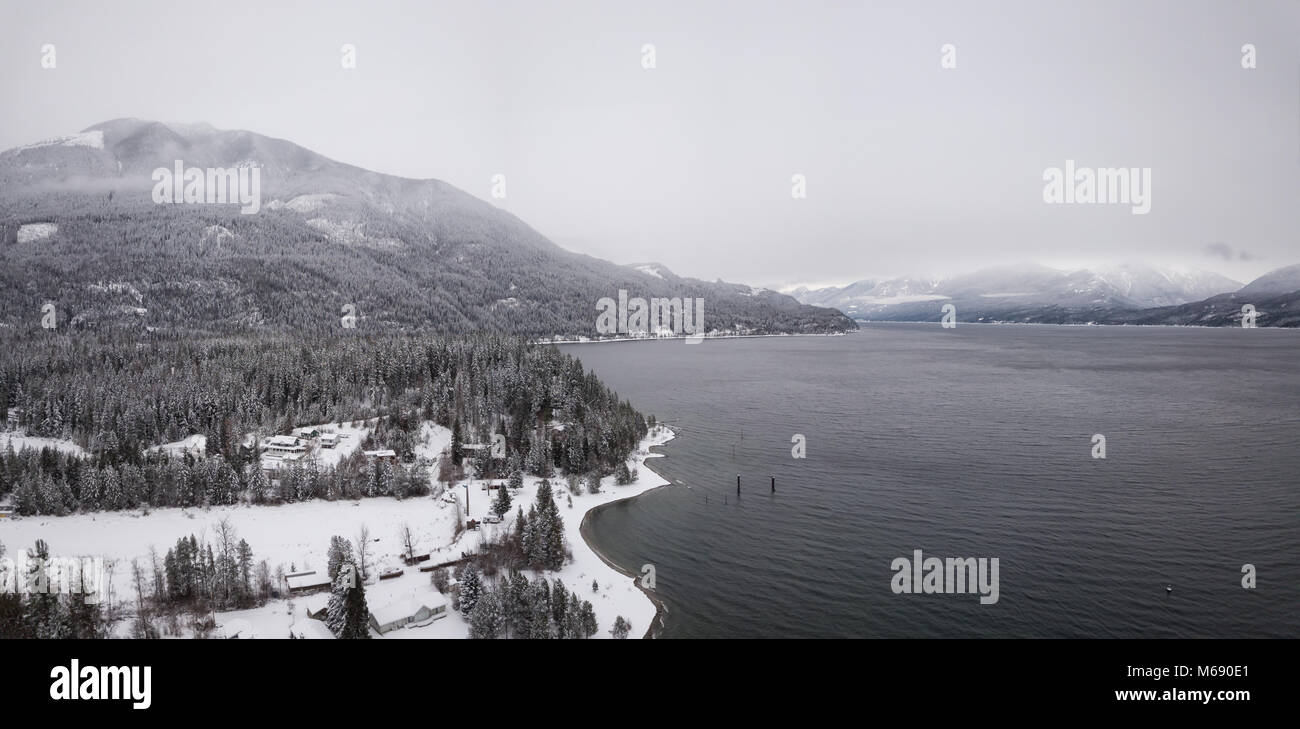 Aerial panoramic view of Winter Canadian Landscape. Taken in Balfour ...