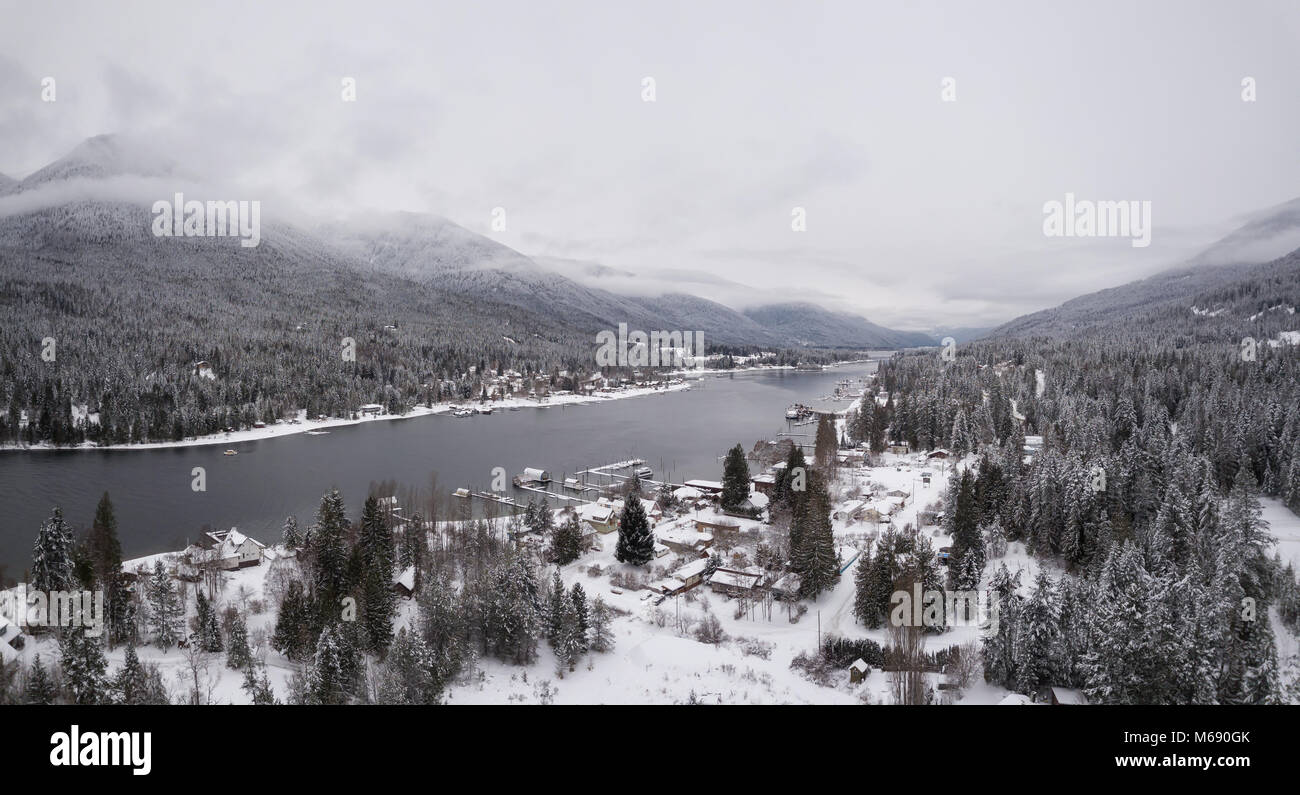 Aerial panoramic view of Winter Canadian Landscape. Taken in Balfour ...