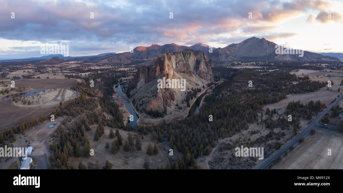 Aerial panoramic view of a beautiful landmark, Smith Rock, famous for ...
