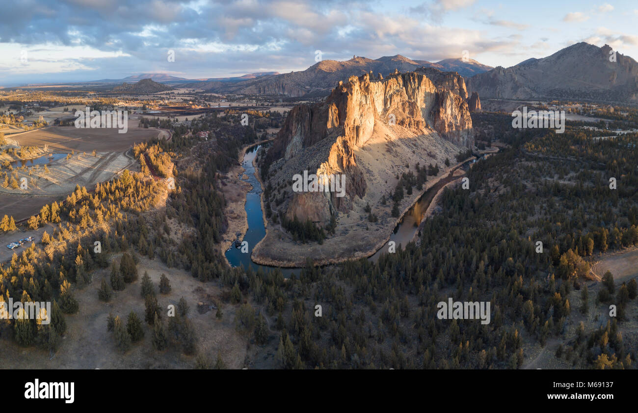 Aerial panoramic view of a beautiful landmark, Smith Rock, famous for ...