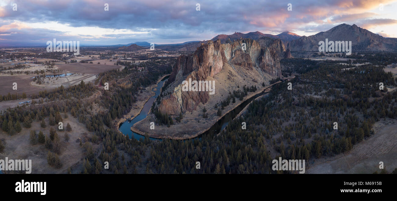 Aerial panoramic view of a beautiful landmark, Smith Rock, famous for ...