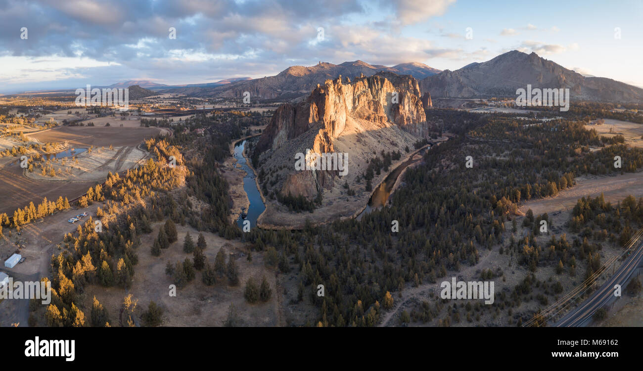 Aerial panoramic view of a beautiful landmark, Smith Rock, famous for ...