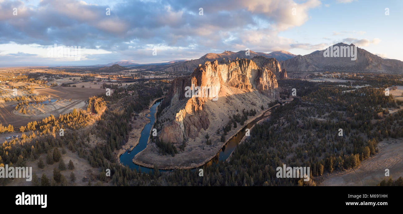Aerial panoramic view of a beautiful landmark, Smith Rock, famous for ...