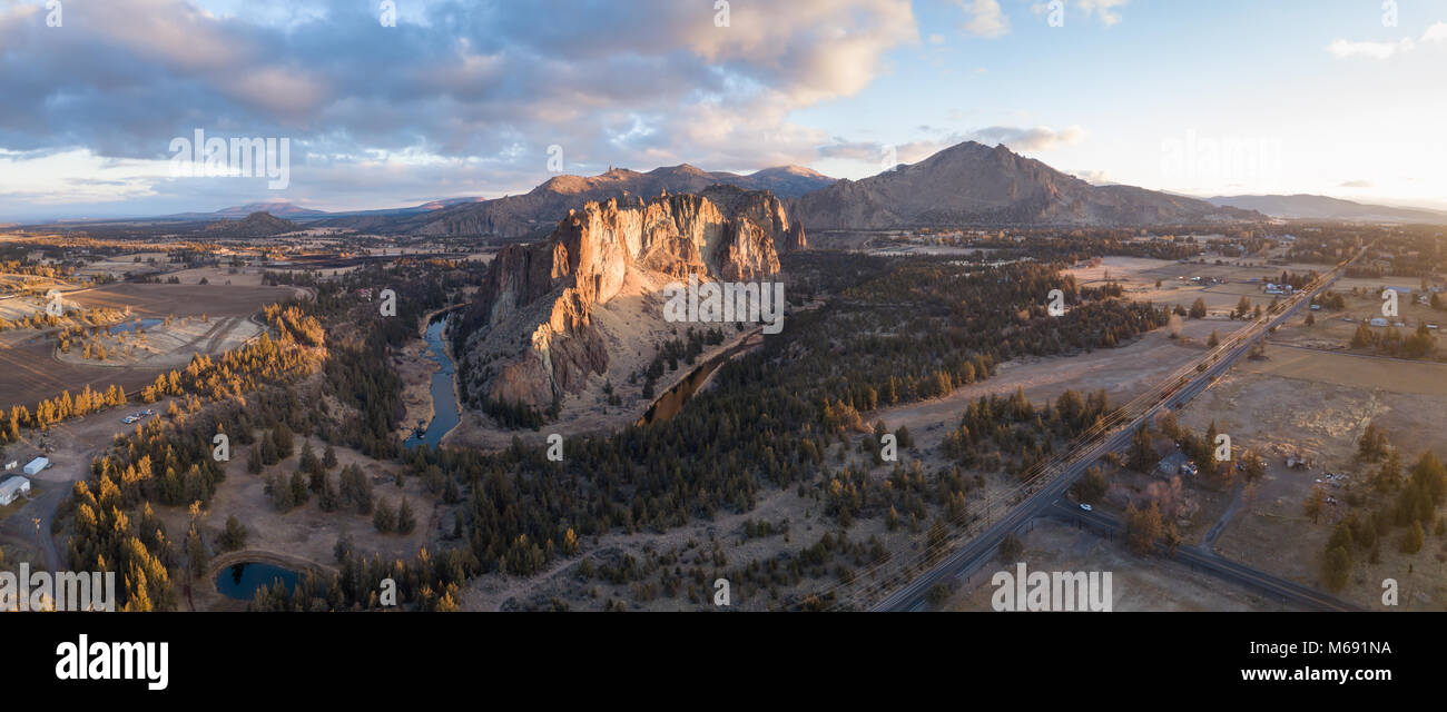 Aerial panoramic view of a beautiful landmark, Smith Rock, famous for ...