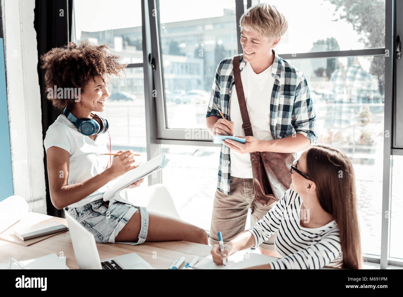 Joyful positive people exchanging ideas Stock Photo - Alamy