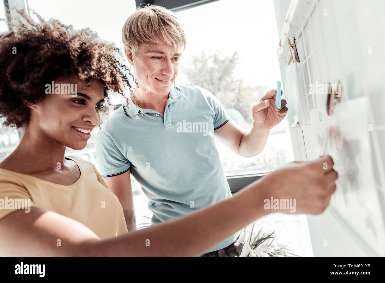 Positive nice people looking at the whiteboard Stock Photo - Alamy