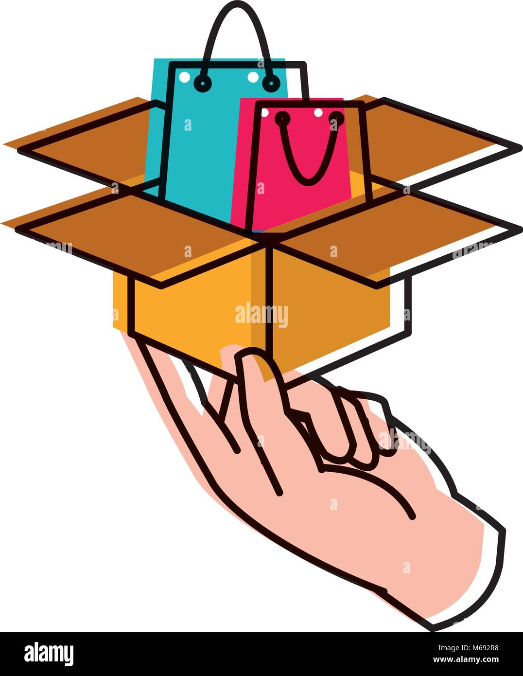 moved color hand with shoping bag inside box package Stock Vector Image ...