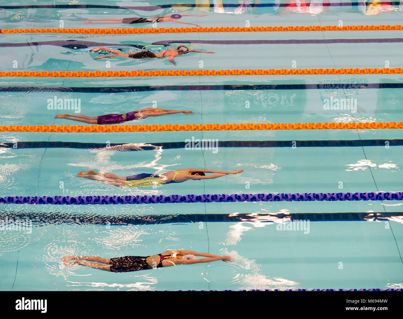 Swimmers break the surface in a heat of the Women's 200m Freestyle ...