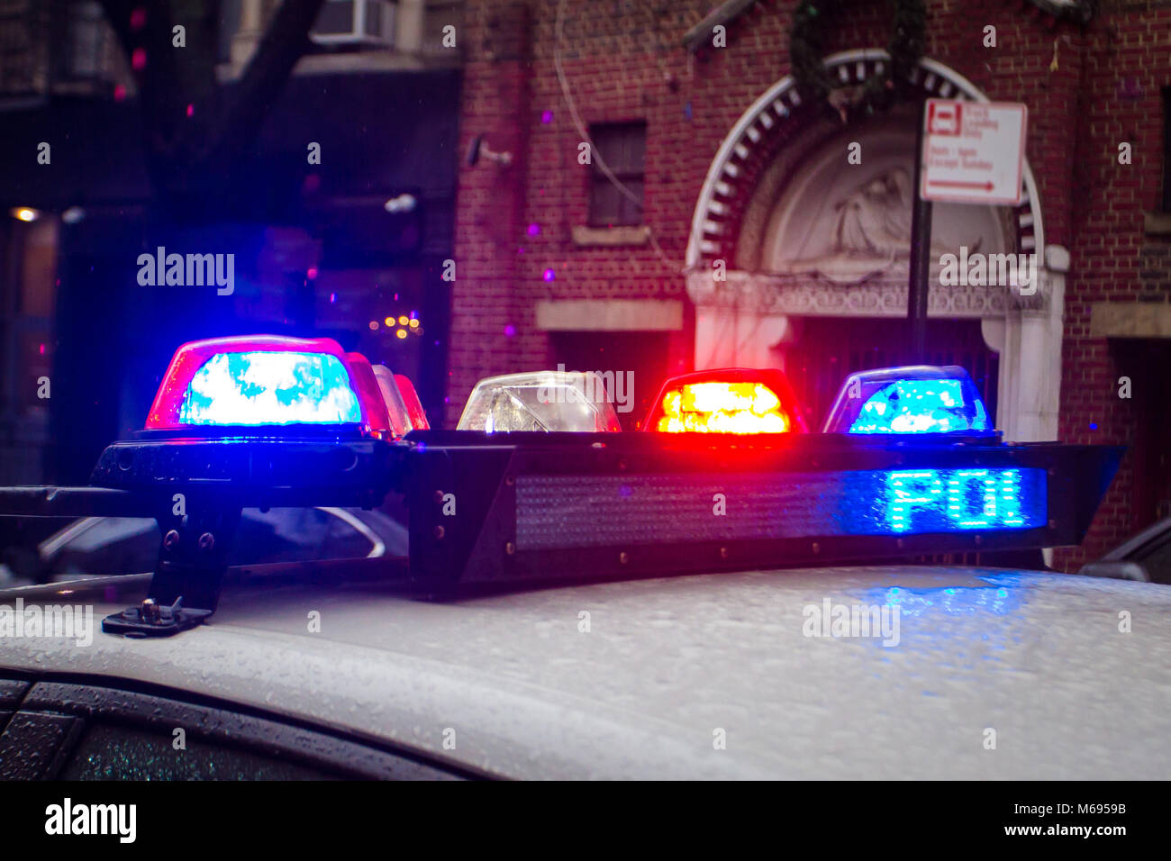 Police emergency lights with warning text close up display Stock Photo ...
