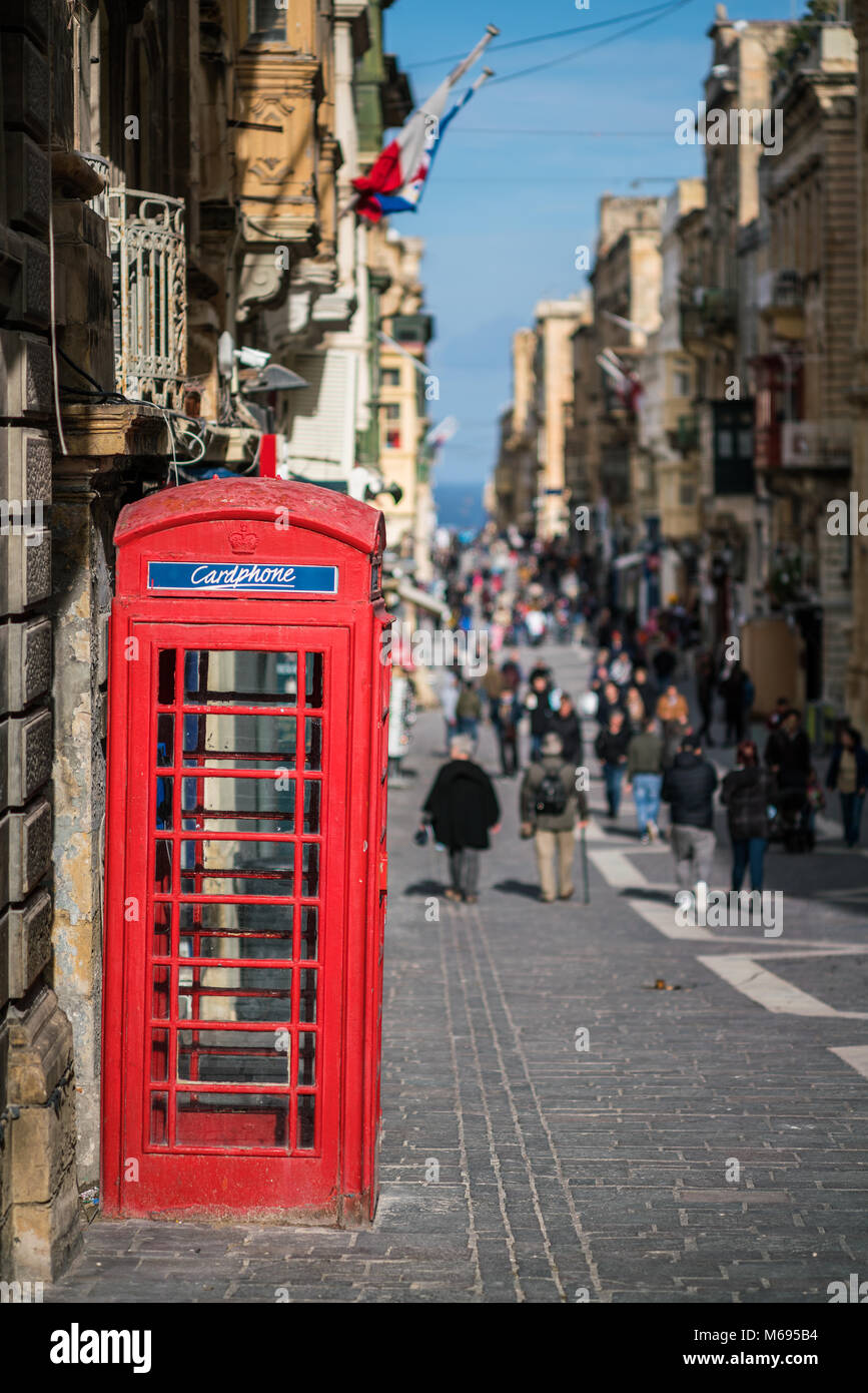 Red phone box in the street of the Valletta, Malta, Europe Stock Photo ...