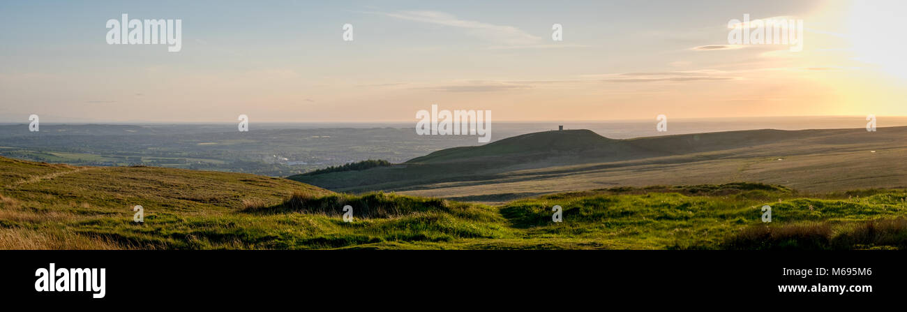 A wide panorama of the view from Rivington Pike over the Lancashire ...