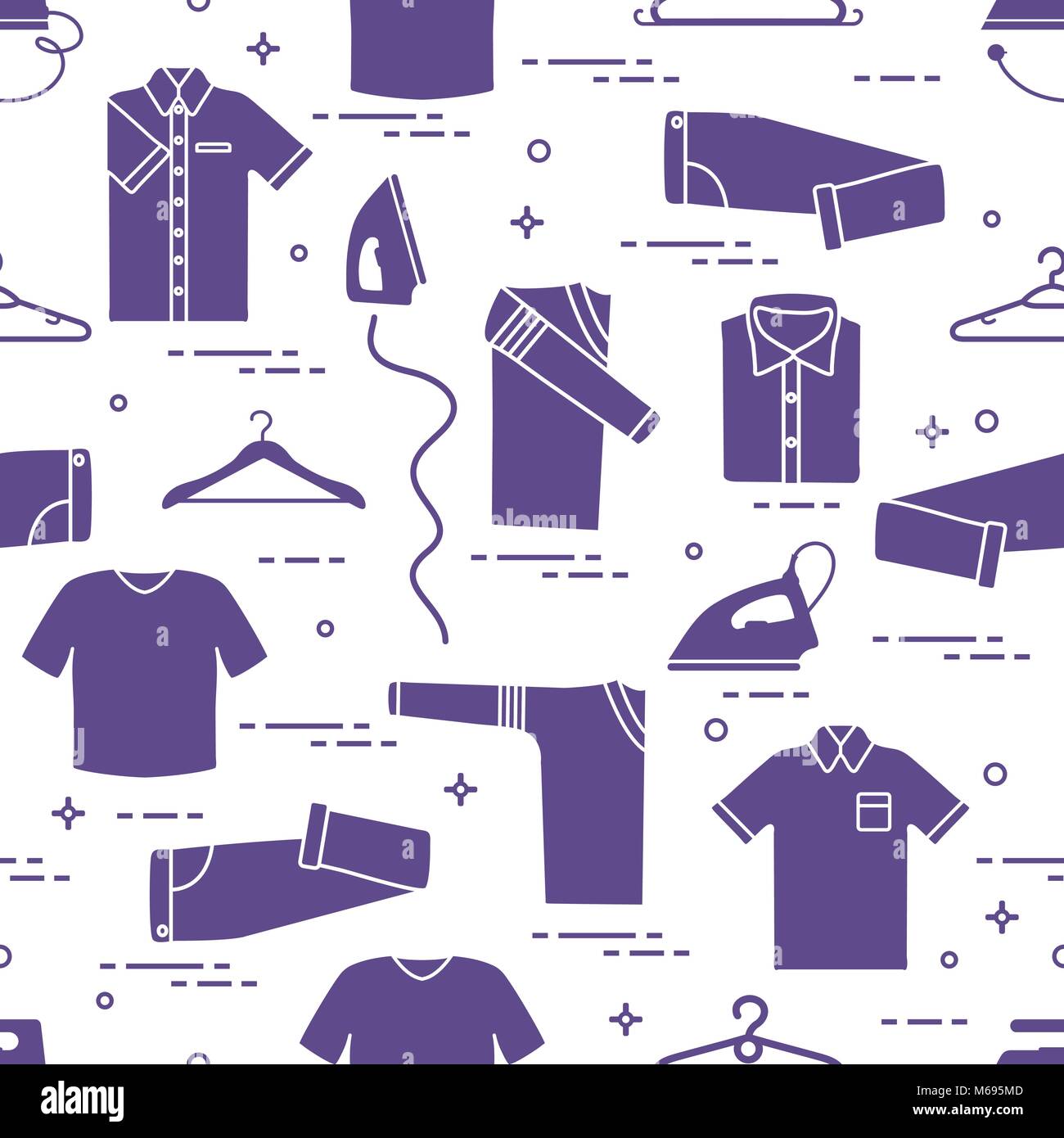Seamless pattern with irons, clothes hangers and different clothes ...