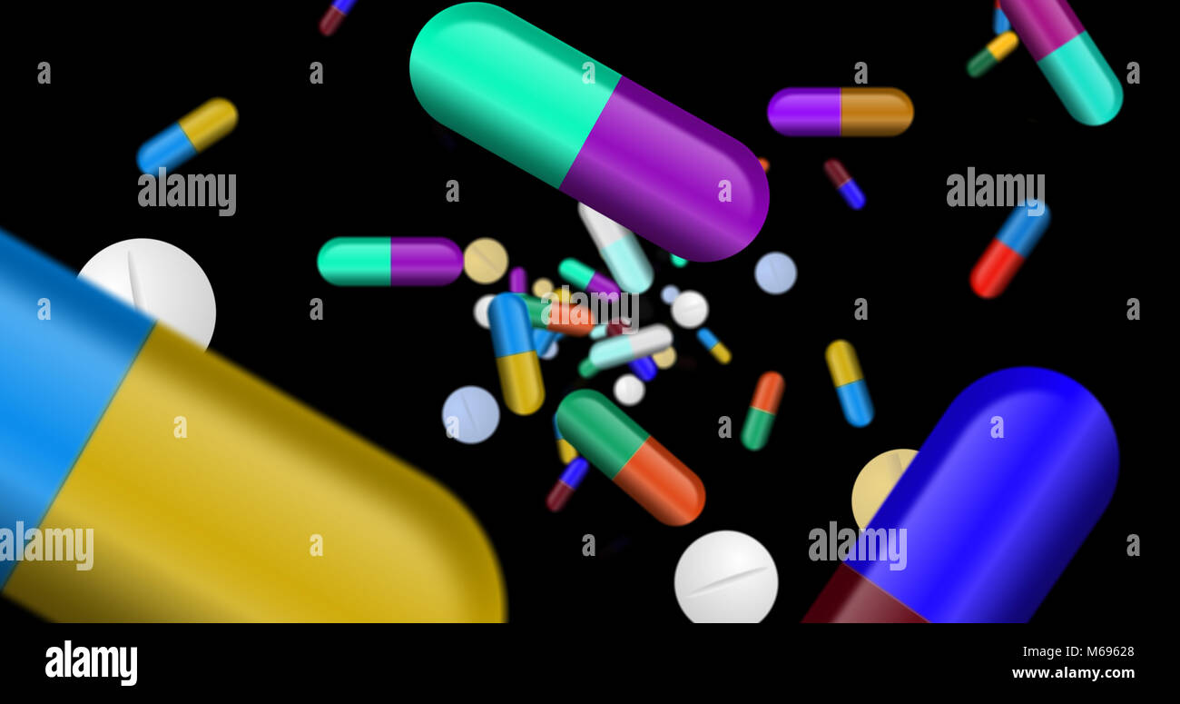 Medicines pills, tablets and color capsules falling. Concept of health ...