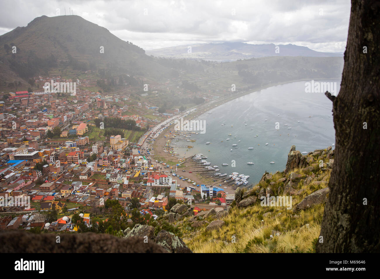 Aerial view at town Copacabana on Titicaca lake in Bolivia Stock Photo ...