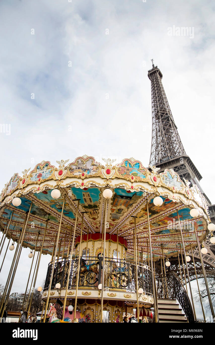 Detail from the vintage carousel by the Eiffel Tower in Paris, France ...