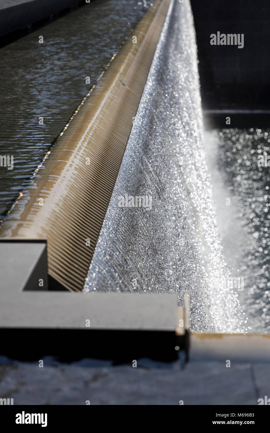 Detail of the memorial waterfalls in World trade center site, New York ...