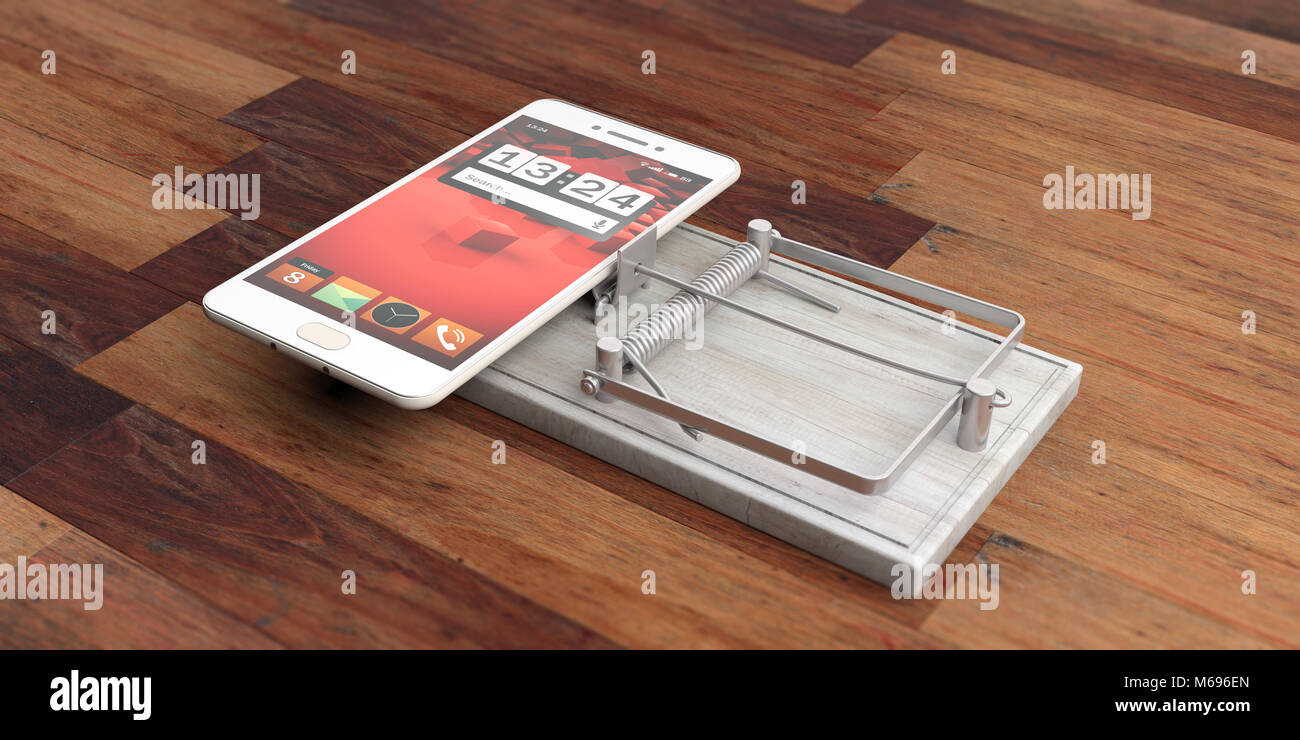 Smartphone addiction. Mobile phone on a mouse trap isolated on wooden ...