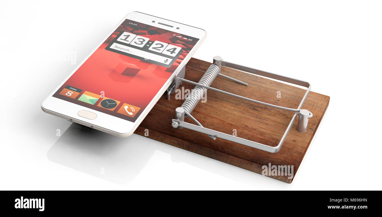 Smartphone addiction. Mobile phone on a mouse trap isolated on white ...