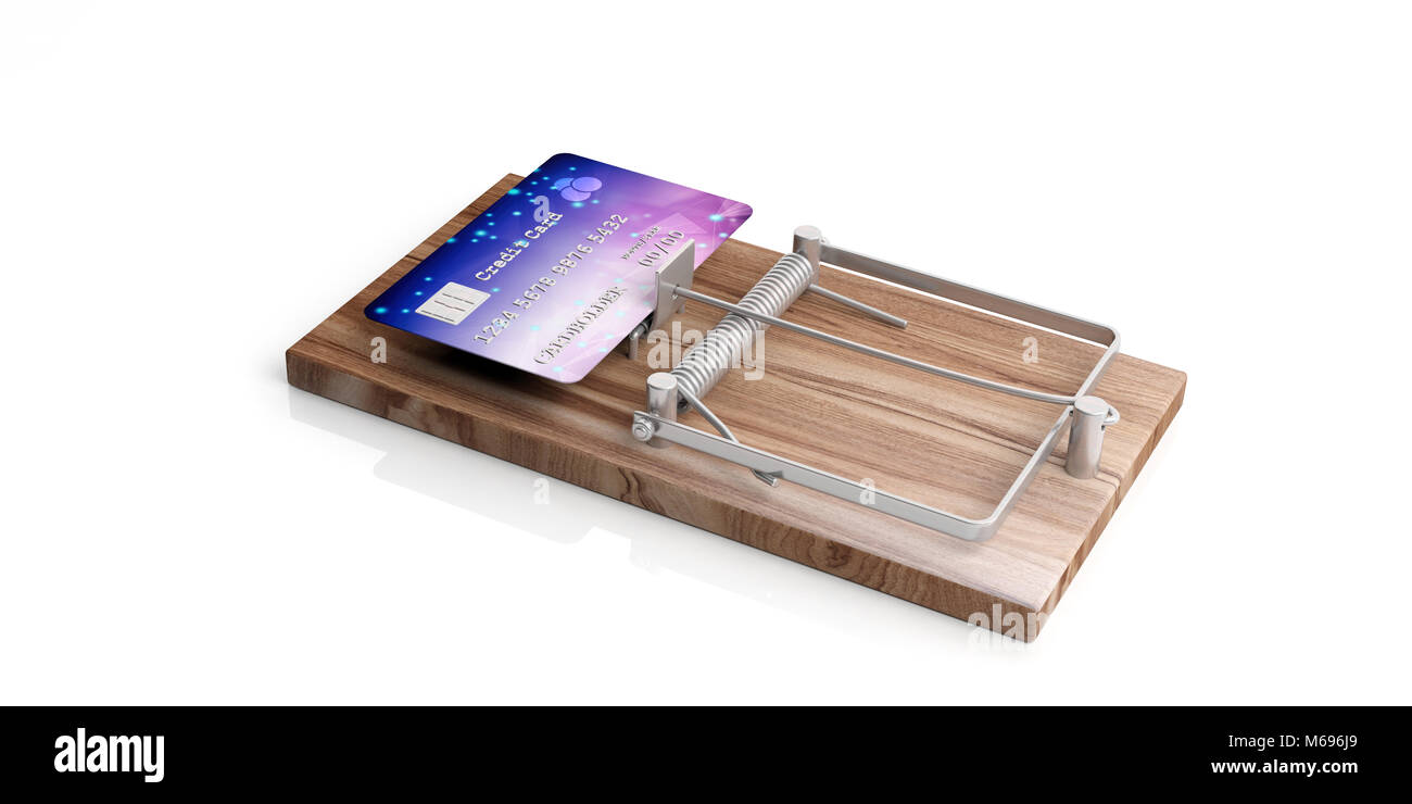 Credit card on a wooden mouse trap isolated on white background. 3d ...