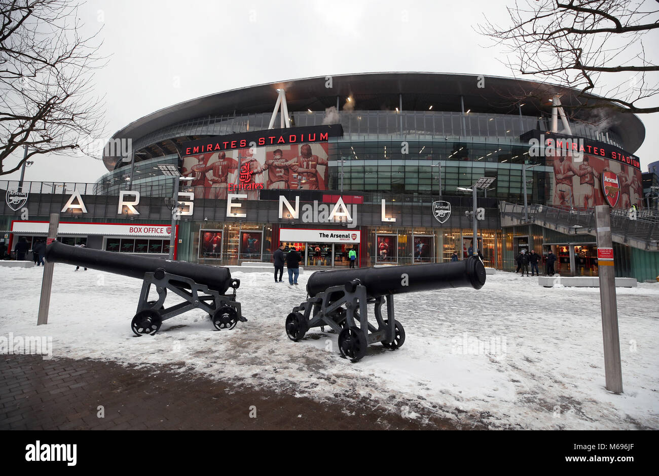 General view of the snow outside the Emirates Stadium before the ...